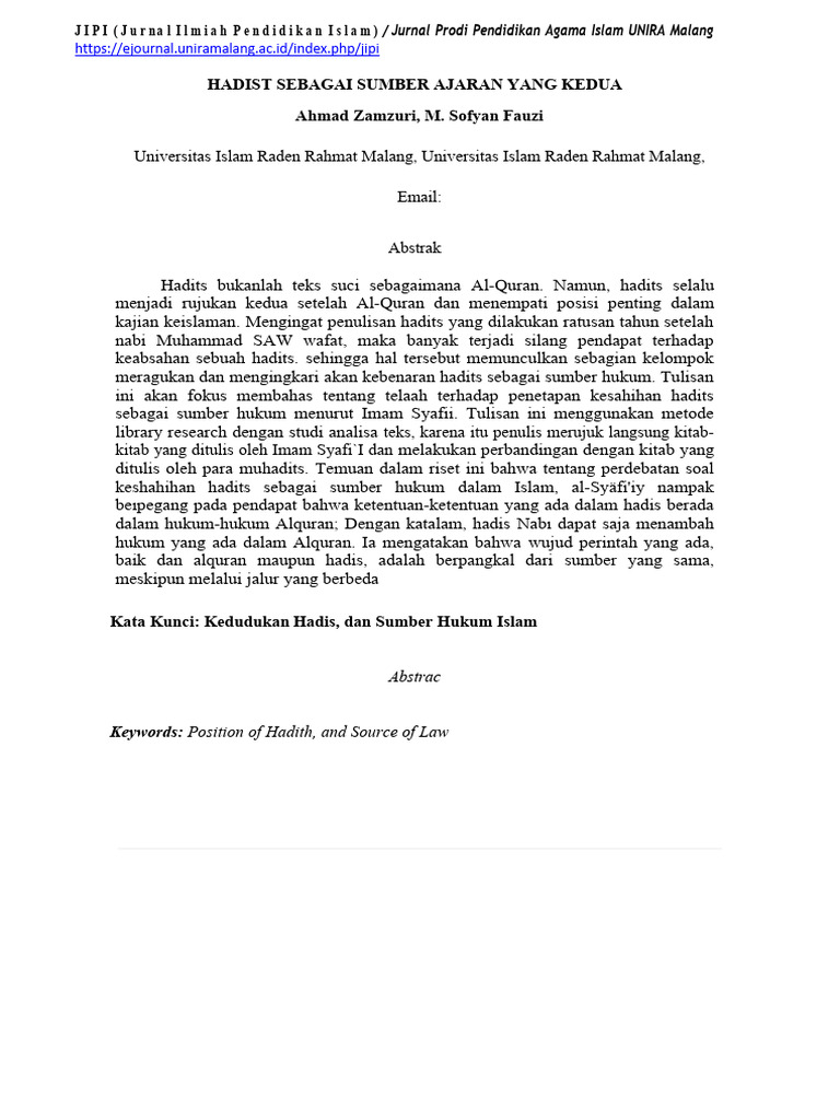 Hadist Sebagai Sumber Ajaran Yang Kedua Ahmad Zamzuri, M. Sofyan Fauzi | PDF