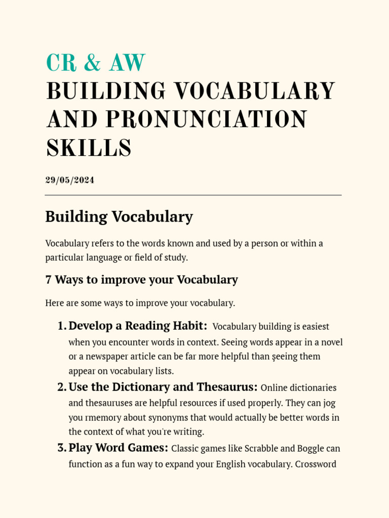 Building Vocabulary and Pronunciation Skills | PDF | Syllable | Vocabulary