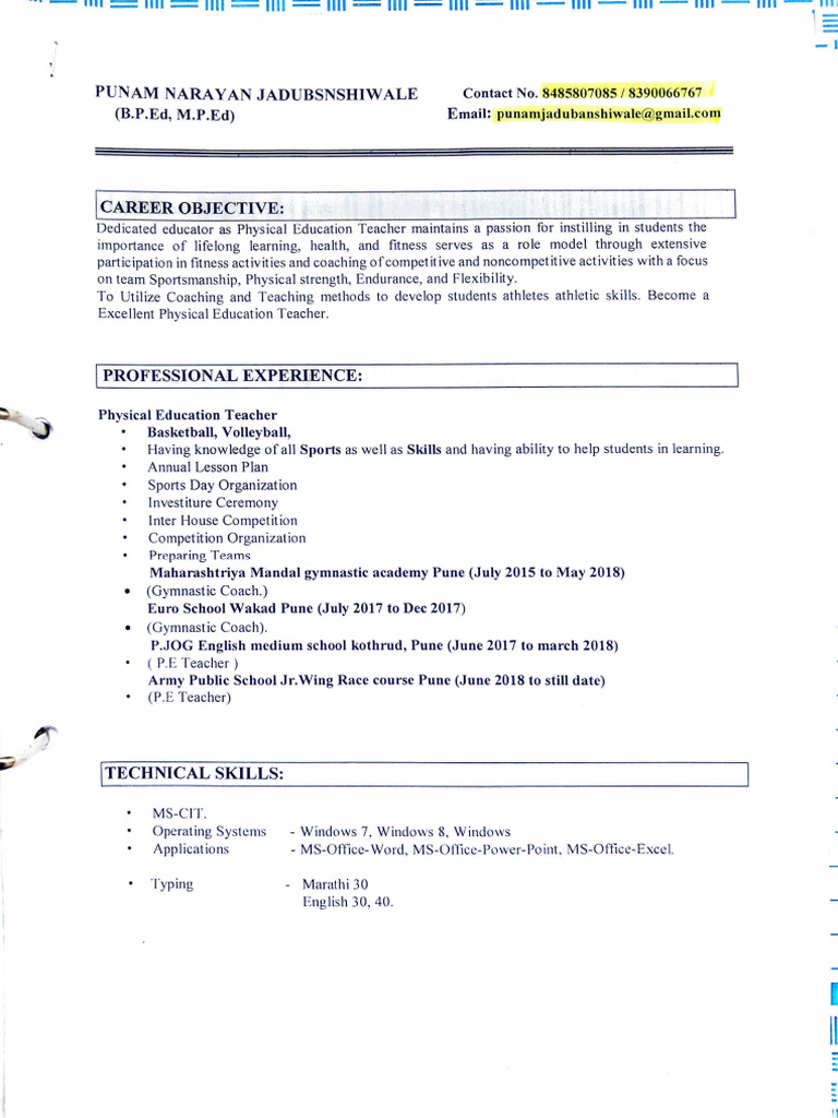 CV Punam - Gymnastics Coach | PDF | Physical Education | Teachers