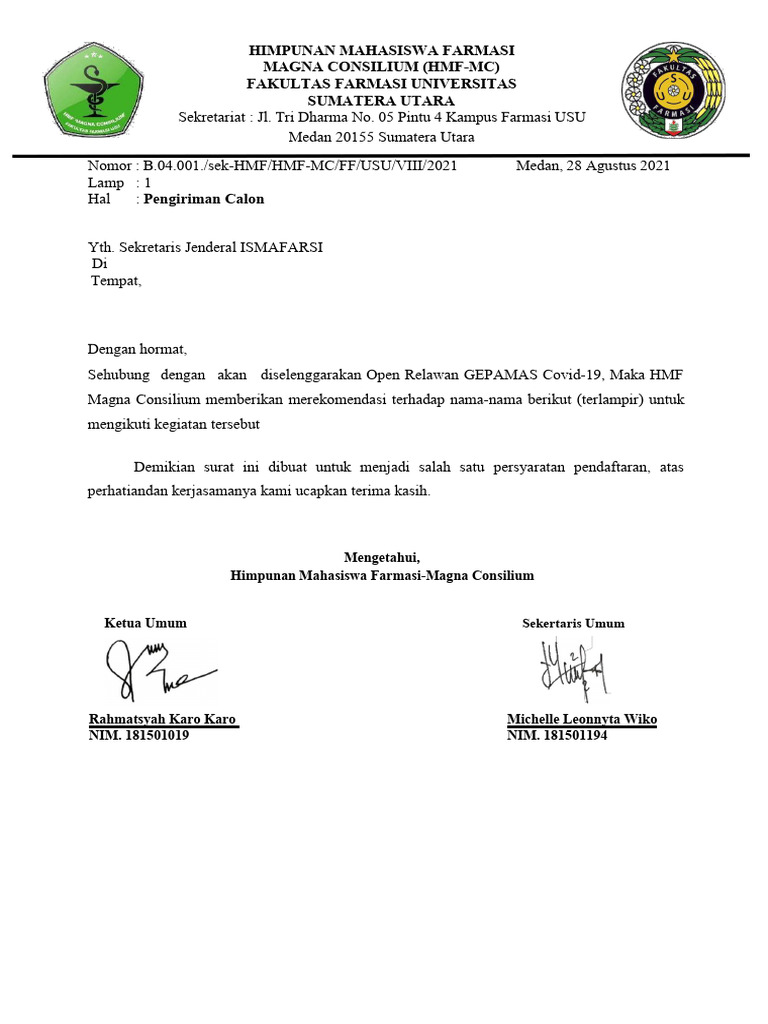 Surat Rekomendasi GEPAMAS Universitas Sumatera Utara | PDF