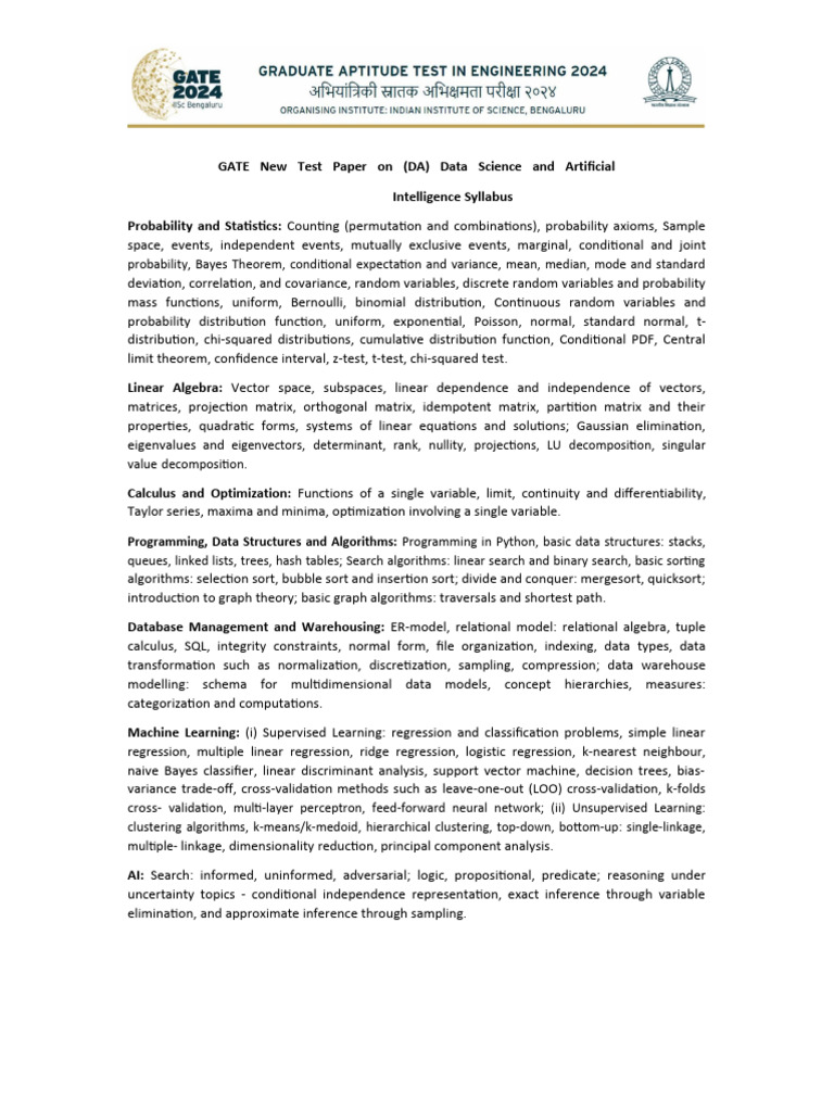 GATE2024 Data Science AIsyllabus | PDF | Matrix (Mathematics) | Probability Distribution