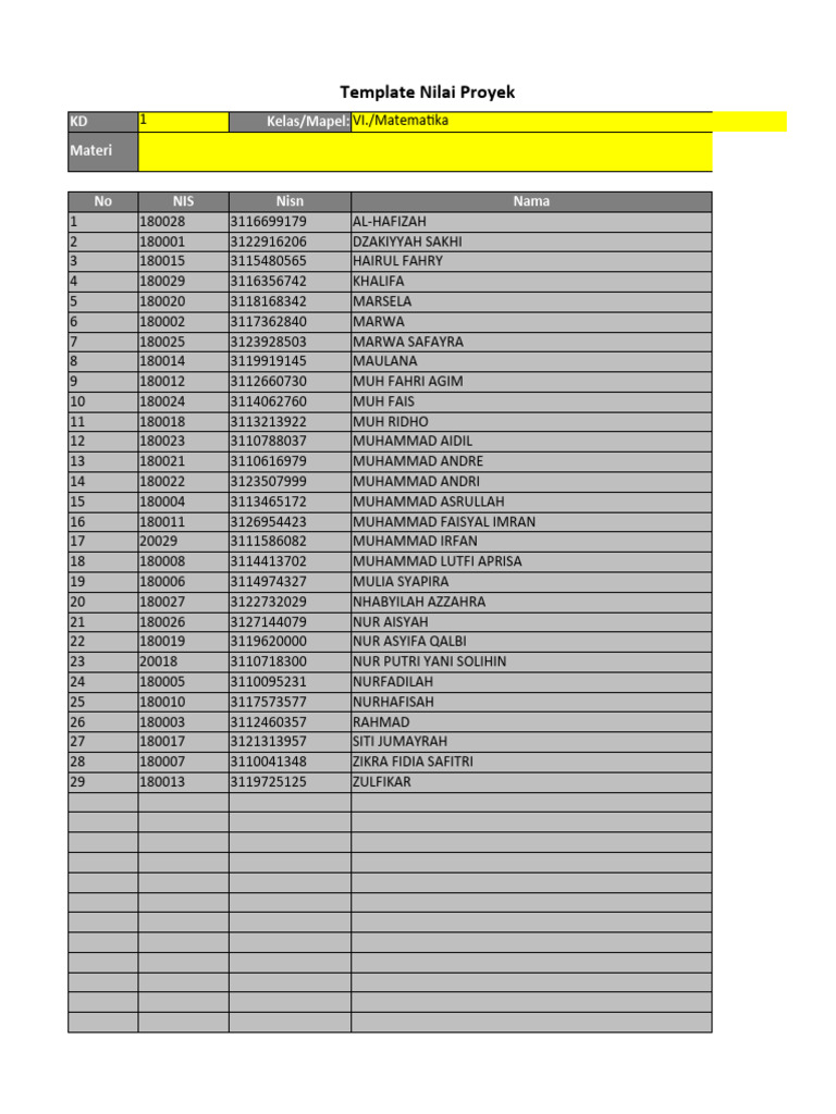 Template Nilai Proyek VI. Matematika | PDF