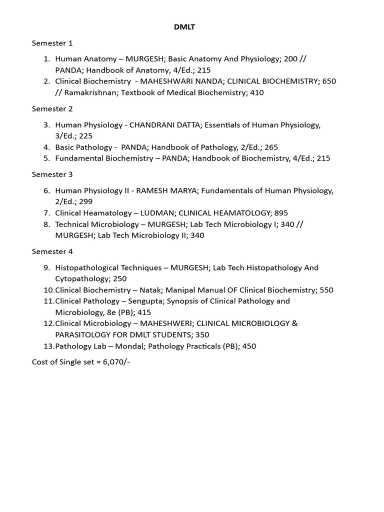 DMLT Book list | Download Free PDF | Pathology | Medicine