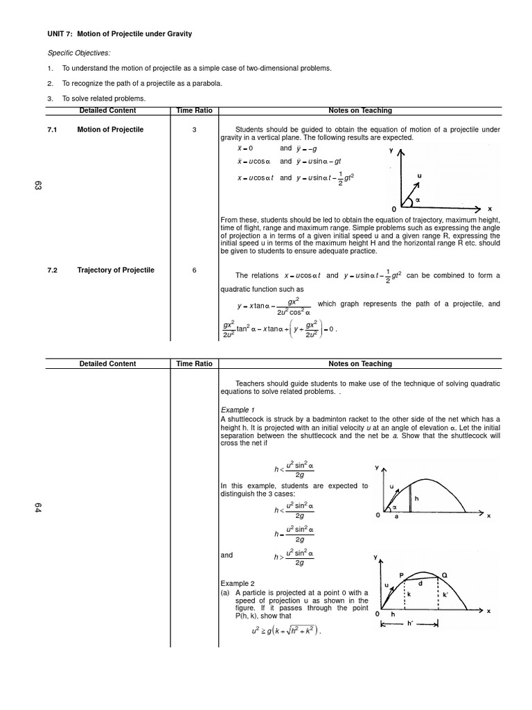 Unit 1.7 Motion of a projectile under Gravity | Download Free PDF ...