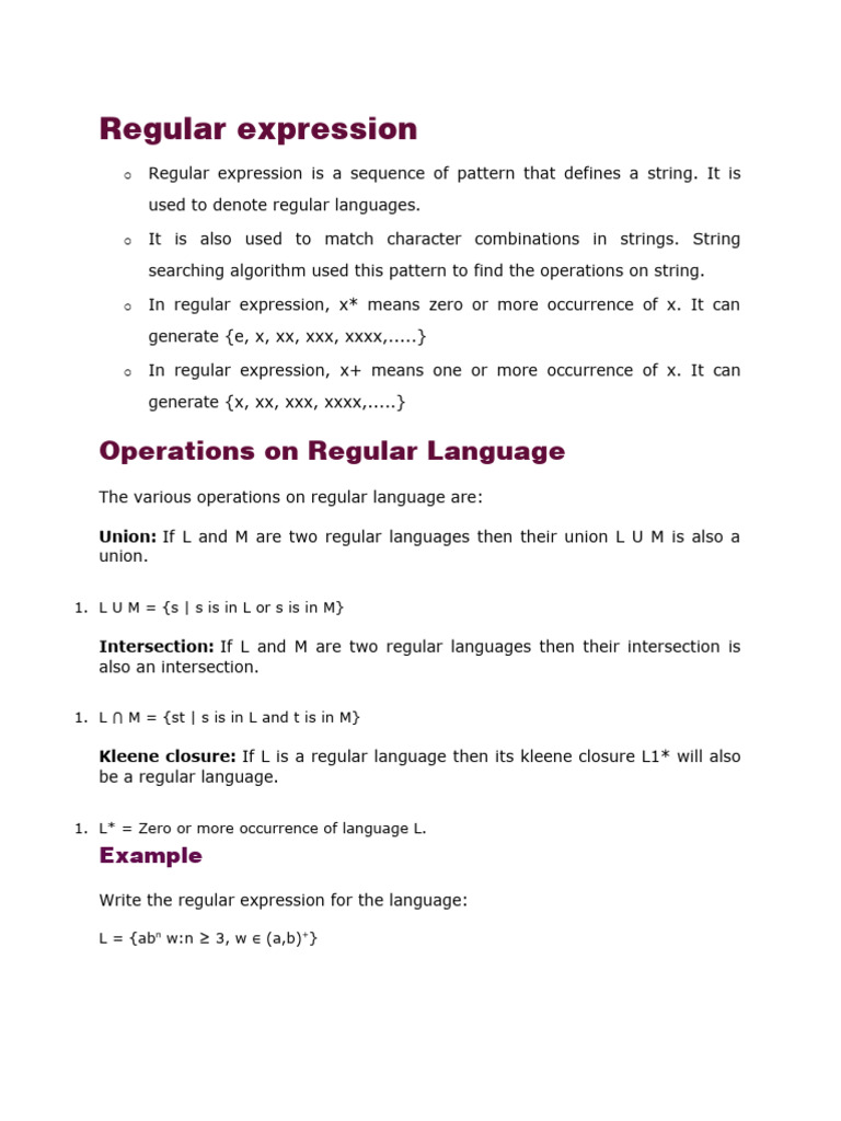 Regular Expression: Operations On Regular Language | PDF | Regular Expression | String (Computer ...