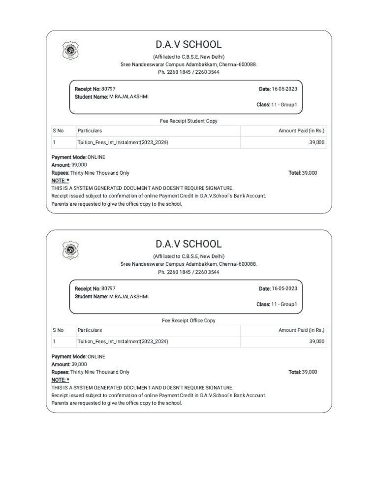 D.A.V School Tuition Fee Receipt 2023 | PDF | Receipt | Money