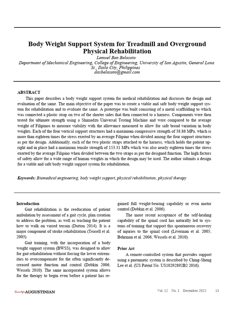 Body Weight Support System for Treadmill and Overground Rehabilitation | PDF