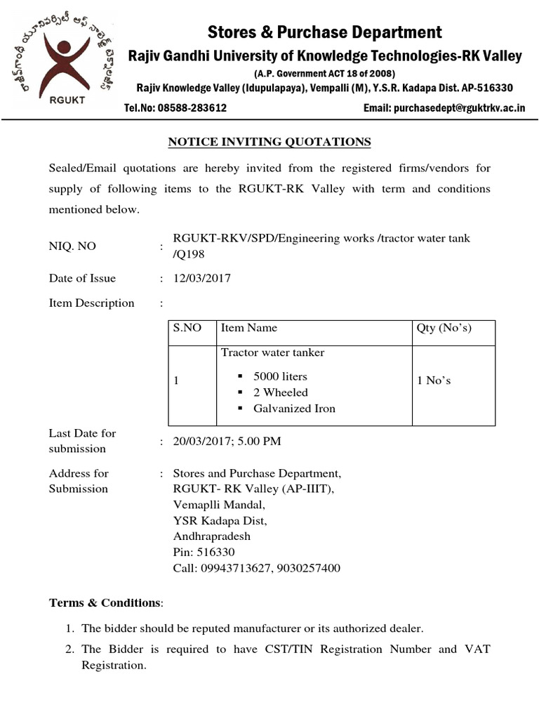 Stores & Purchase Department: Rajiv Gandhi University of Knowledge ...