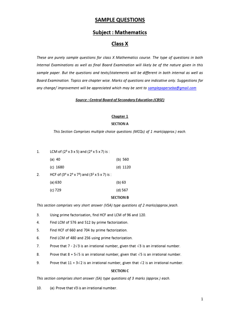 Sample Questions Subject: Mathematics Class X: Source: Central Board of ...