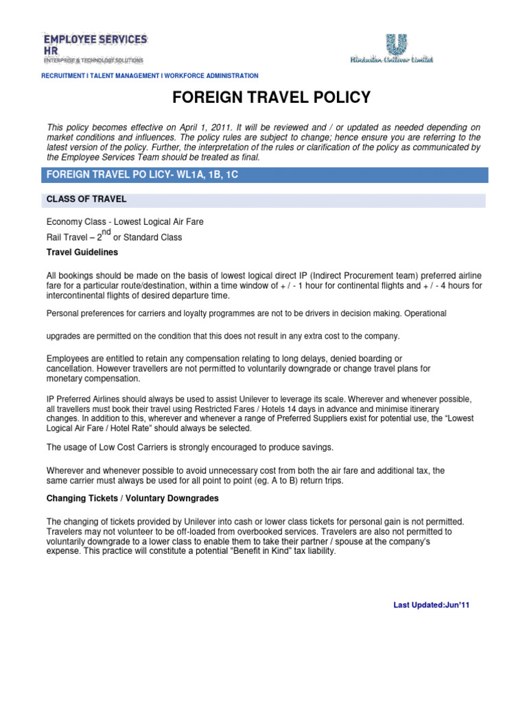 Foreign Travel Policy June 2011 New | PDF | Airlines | Employment