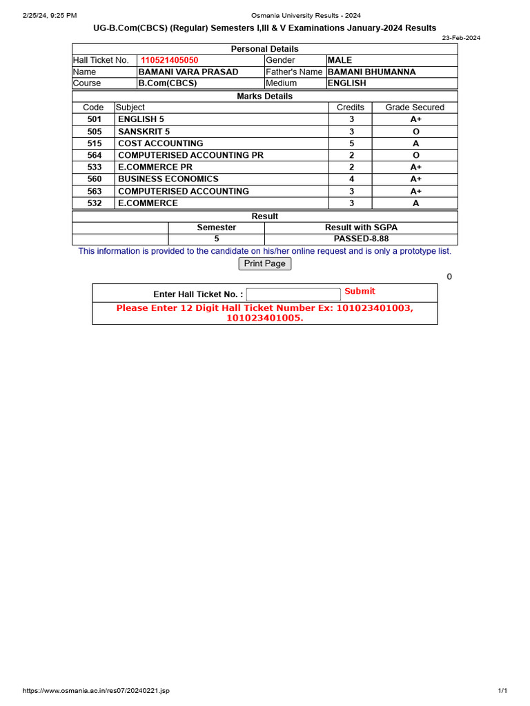 Osmania University Results - 2024 5th Semnbhbv | PDF | Business