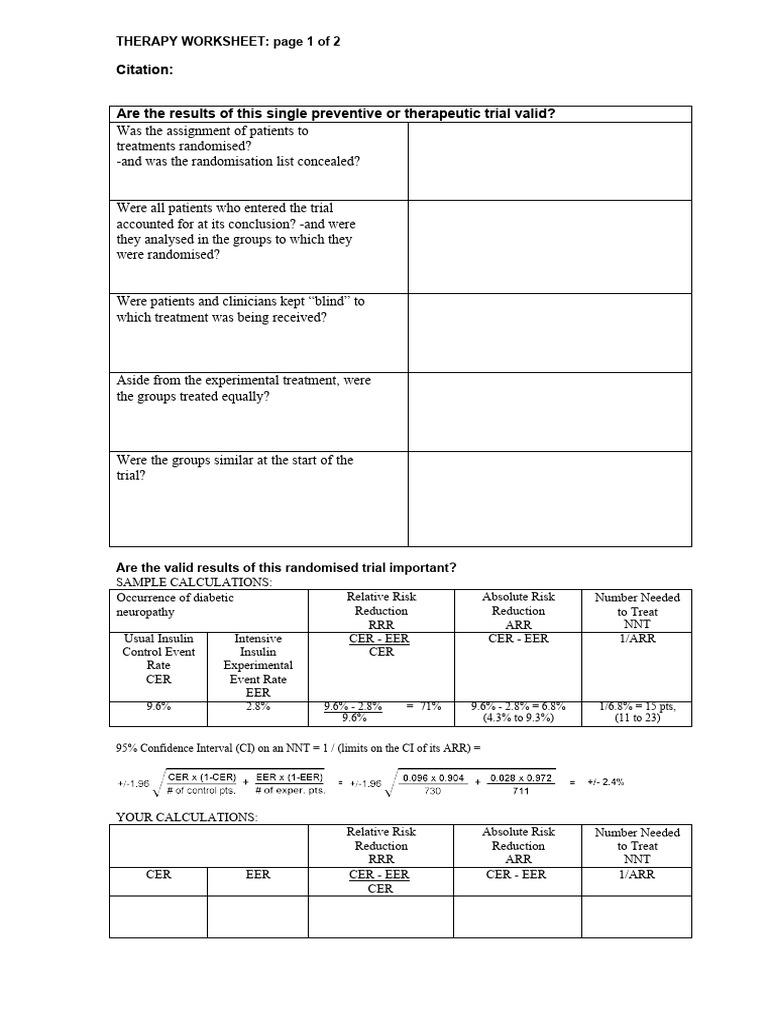 Worksheet Therapy | PDF | Randomized Controlled Trial | Risk