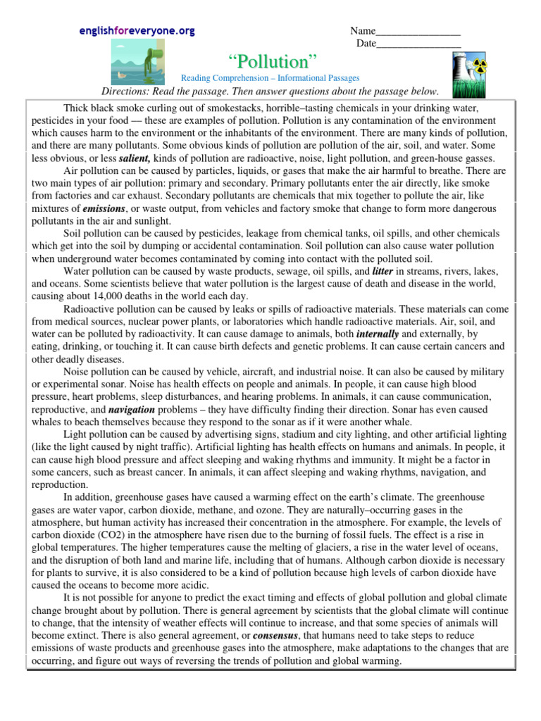 Informational Passages RC - Pollution (Answers) | PDF | Pollution ...