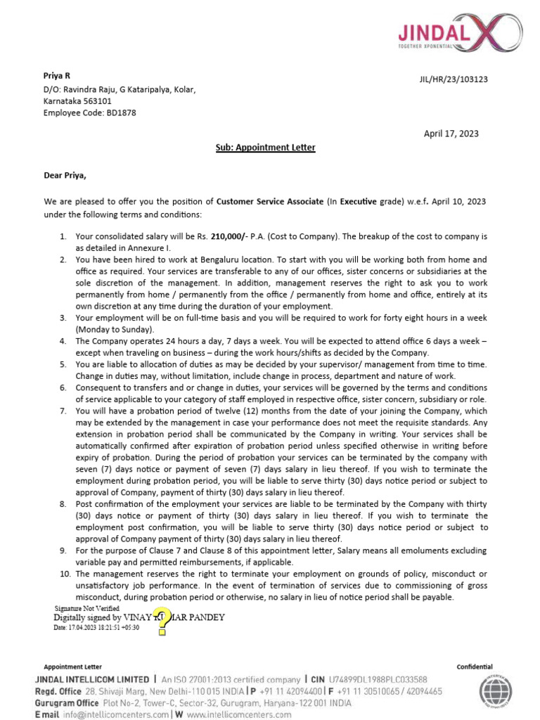 Jindalx Offer Letter BD1878 - Priya R | PDF | Employment | Salary