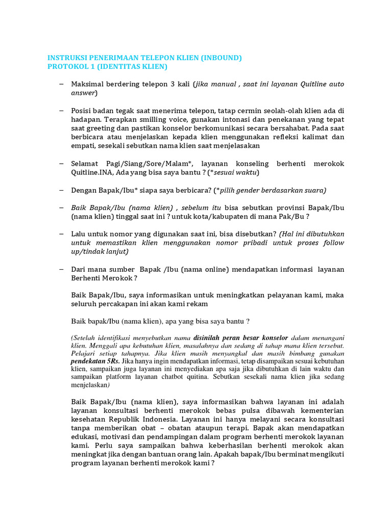 Protokol Quitline - Ina | PDF | Gaya Hidup