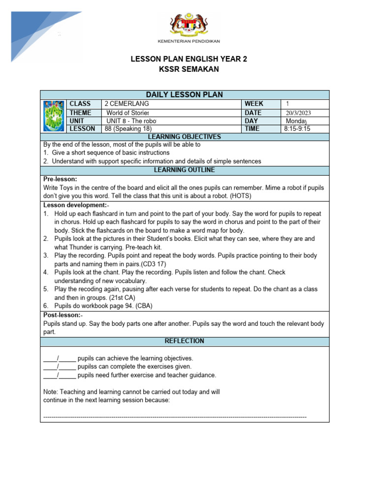 RPH BI THN 2 NEW 5 - Unit 8 (LP 88-125) | PDF | Lesson Plan | Teachers