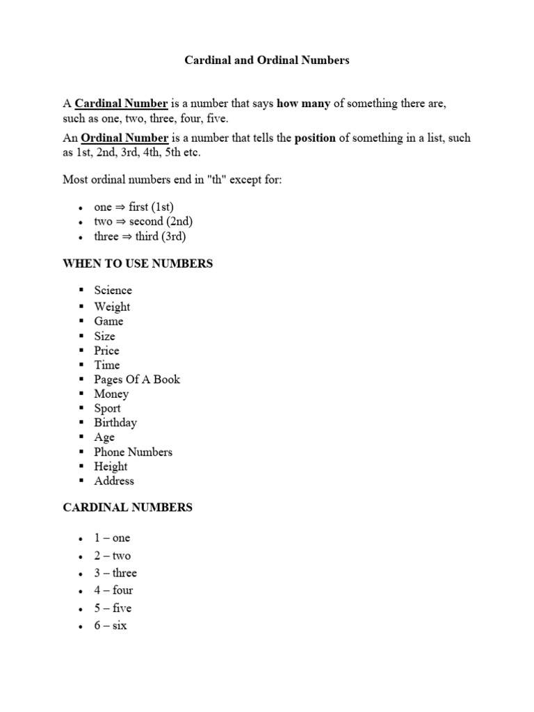 Cardinal Numbers 1 To 100 | PDF | Numbers | Mathematical Concepts