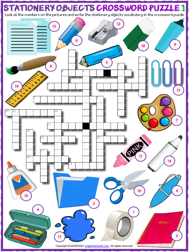 Stationery Objects Vocabulary Esl Crossword Puzzle Worksheets For Kids ...