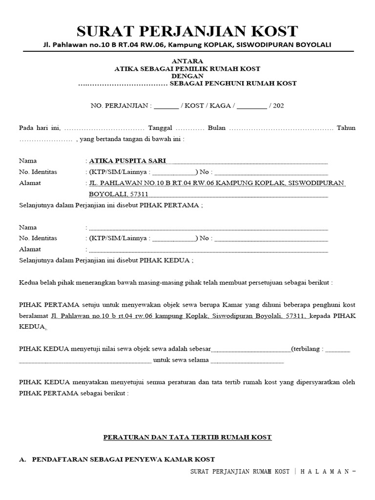 SURAT PERJANJIAN KOST | PDF