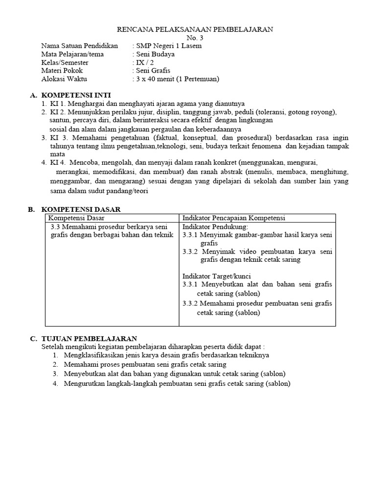 RPP SENI RUPA KELAS 9 PART 2 SENI GRAFIS 2 Materi Sablon | PDF