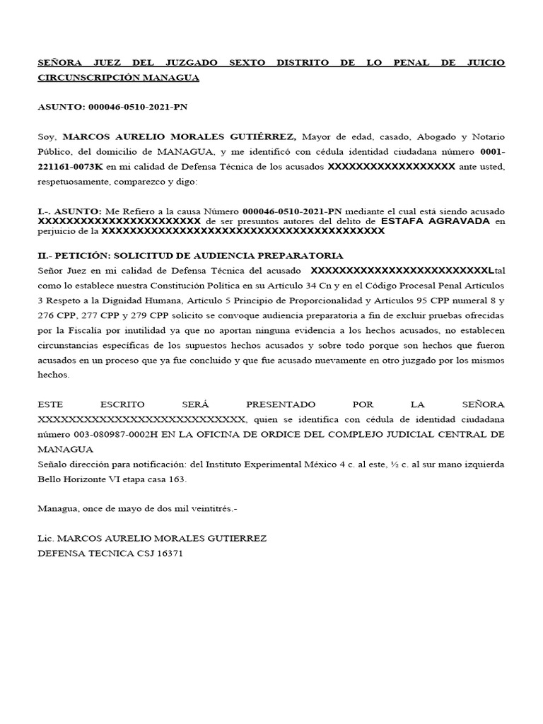 Escrito Solicitando Audiencia Preparatoria Pdf