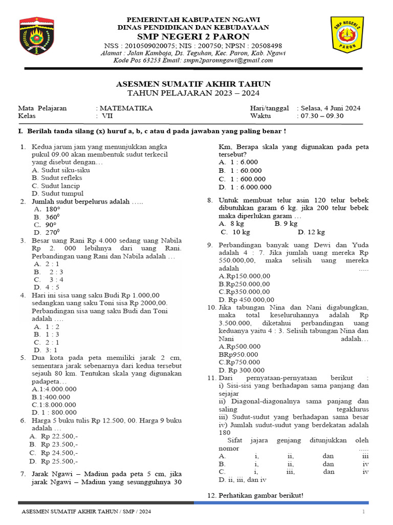 Soal Matematika Kelas VII SMP 2024 | PDF