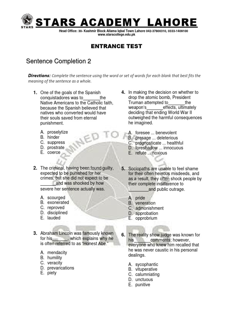 Sentence Completion 2 | PDF