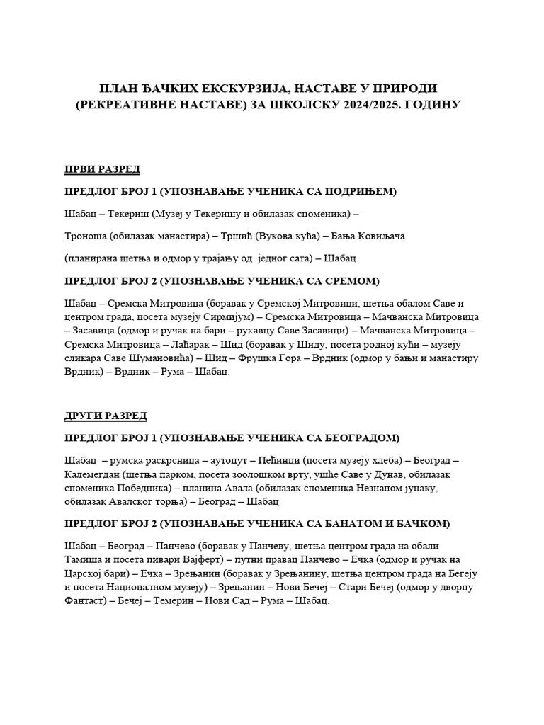 Plan Djackih Ekskurzija Za Skolsku 2024-2025. Godinu | PDF