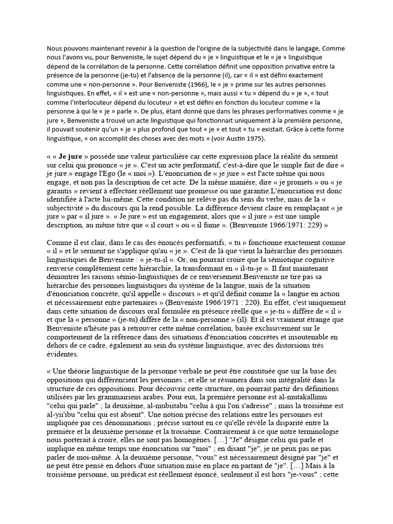 Subjectivité linguistique selon Benveniste | PDF | Linguistique ...