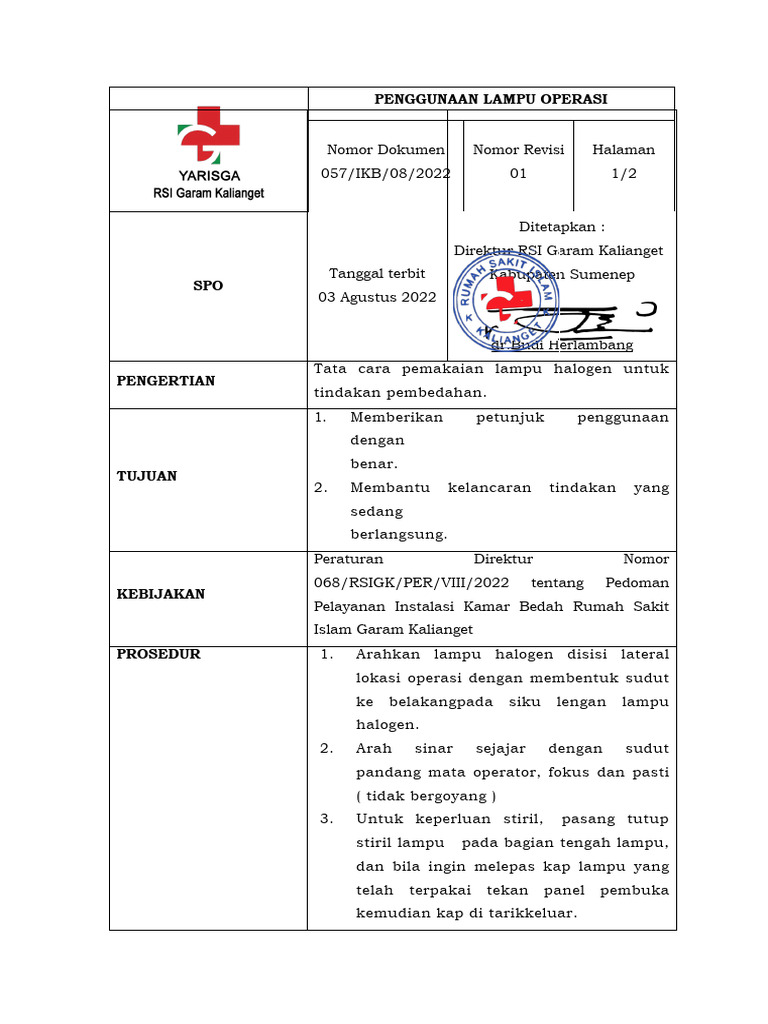 57 Spo Penggunaan Lampu Operasi | PDF
