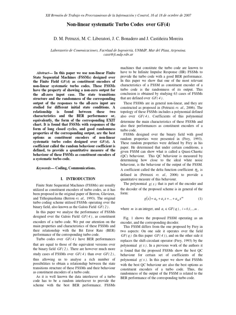Non-Linear Systematic Turbo Codes Over GF (4) : D. M. Petruzzi, M. C. Liberatori, J. C. Bonadero ...