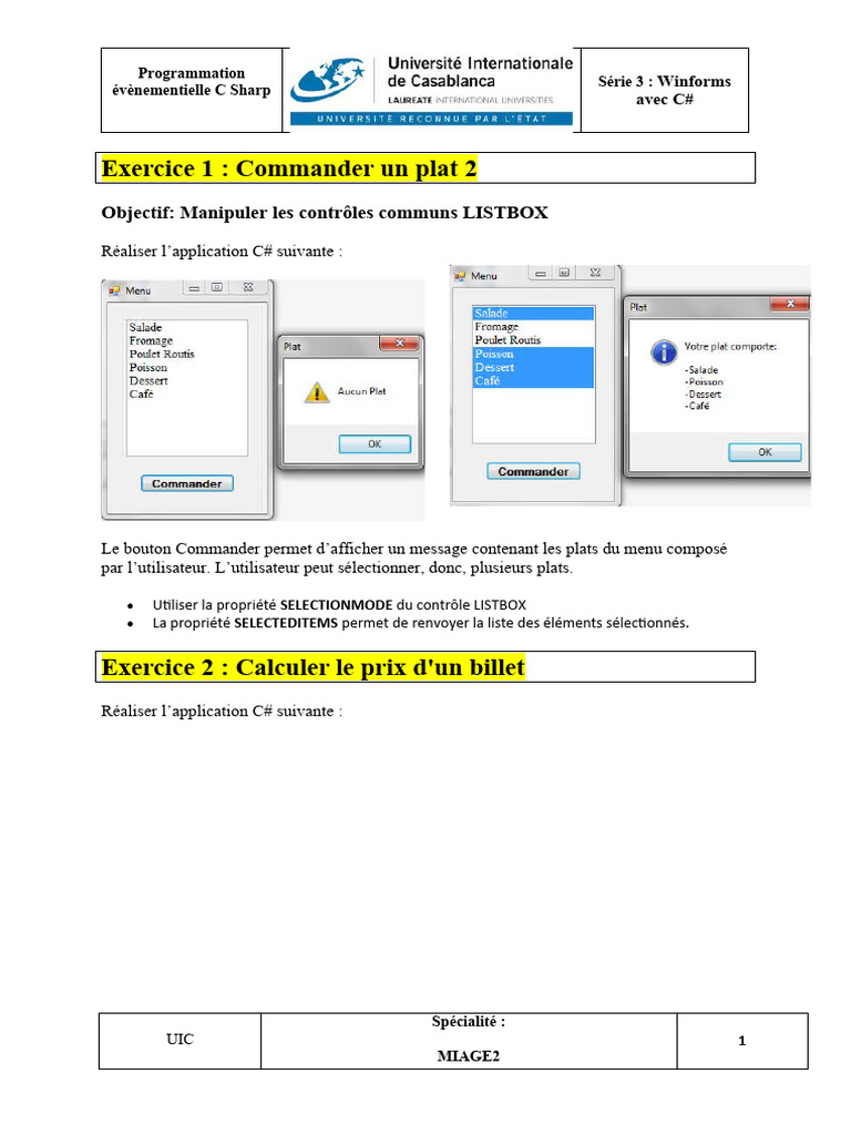 Exercices Winforms en C# pour MIAGE2 | PDF