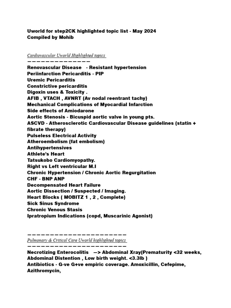 Step 2 CK UWorld Topics Guide | PDF | Urinary System | Causes Of Death