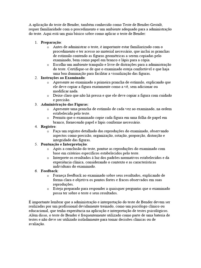 Guia para Aplicação do Teste de Bender | PDF | Psicologia | Testes ...