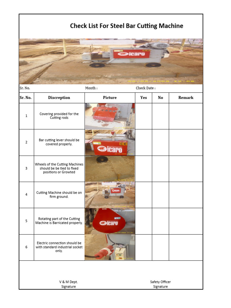 Steel Bar Cutting Machine Checklist | PDF