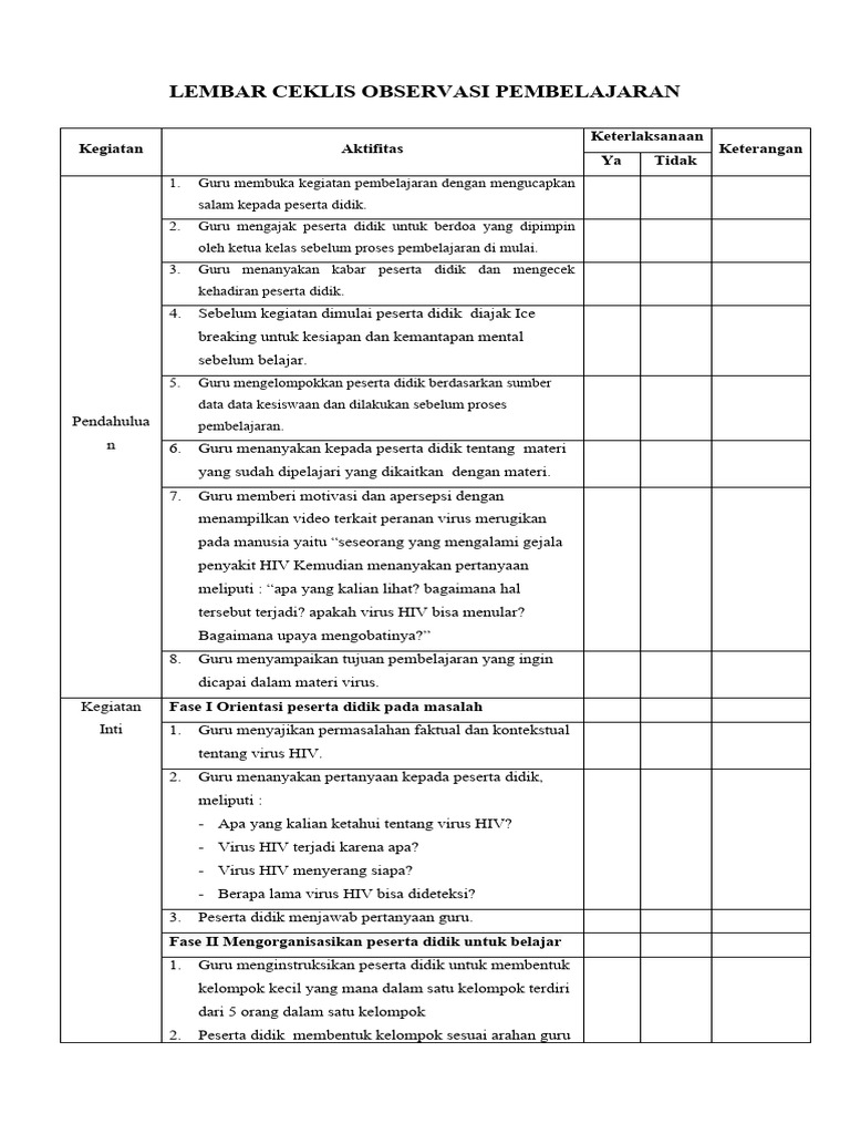 Lembar Ceklis Observasi Pembelajaran | PDF