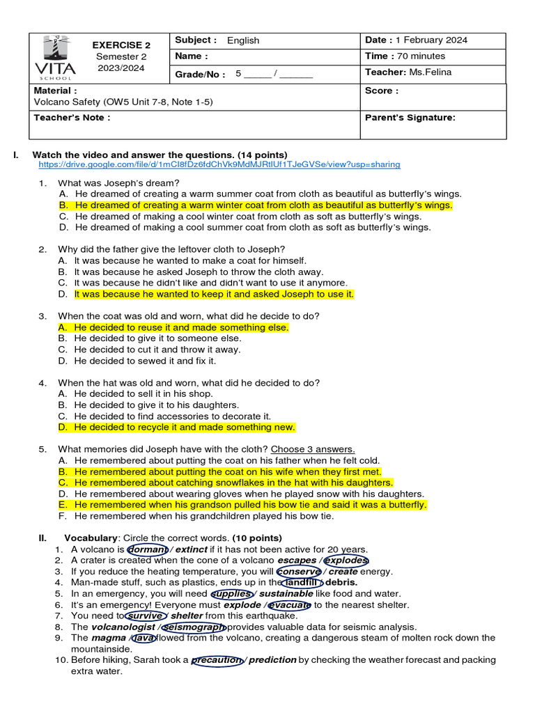 Grade 5 Exercise 2 Sem2 Answer Key | PDF | Volcano | Types Of Volcanic ...