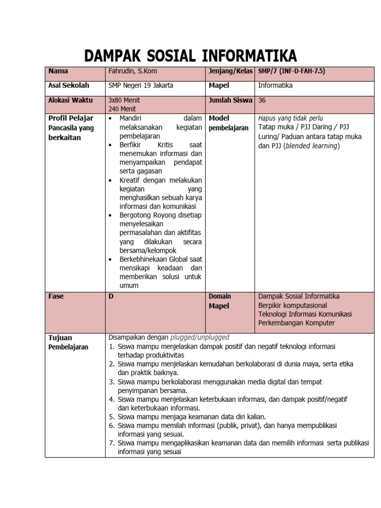 Modul Ajar Informatika - Dampak Sosial Informatika - Fase D | PDF
