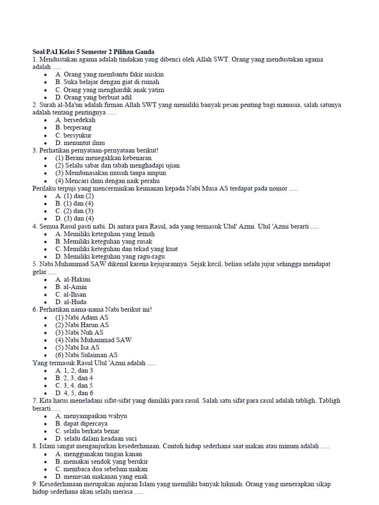 Soal PAI Kelas 5 Semester 2 Pilihan Ganda 2 | PDF