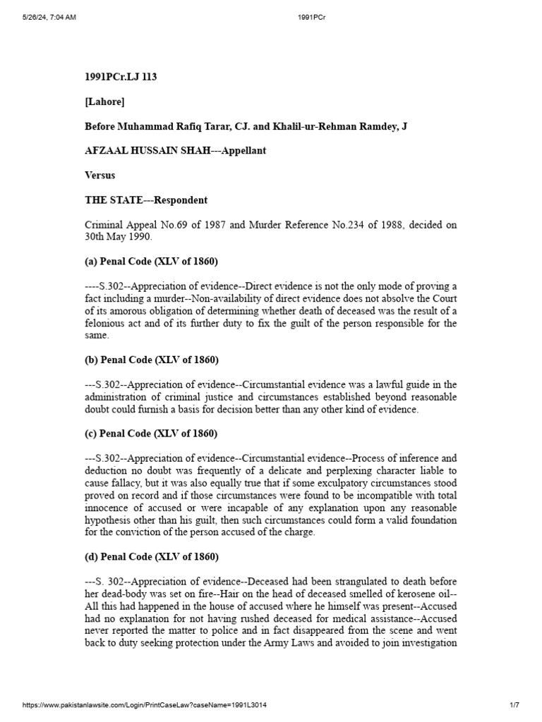 Afzal Hussain Shah Case (1991 PCRLJ 113) | PDF | Burden Of Proof (Law) | Evidence