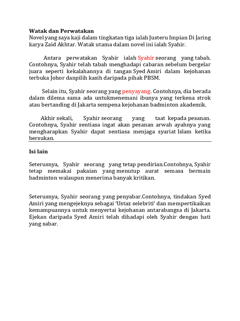 Novel Watak Dan Perwatakan | PDF