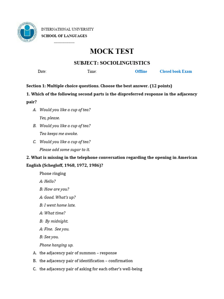 Sociolinguistics Mock Test Overview | PDF | Linguistics | Sociolinguistics