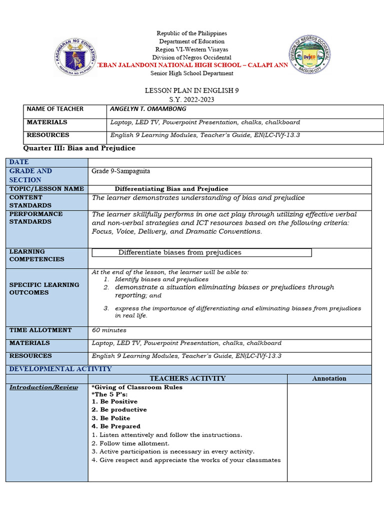 English 9 Lesson Plan: Bias vs. Prejudice | PDF | Learning ...