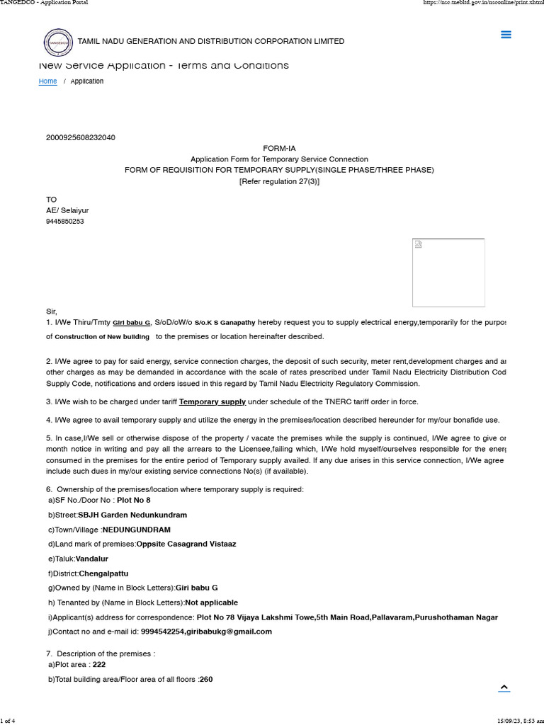 TANGEDCO Temporary Connection Application | PDF | Electric Power ...