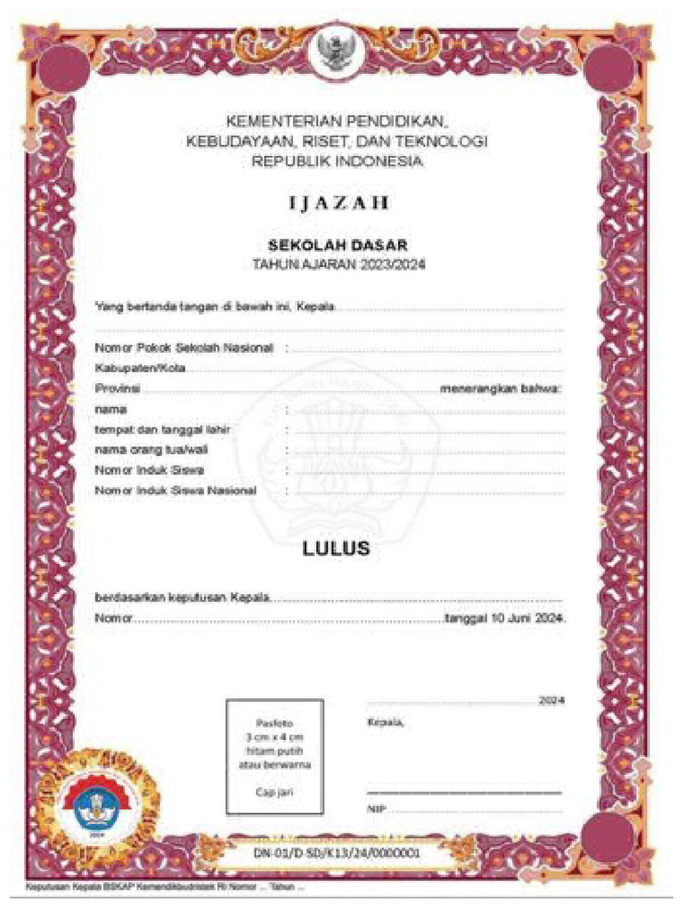 Blangko Ijazah 2023-2024 | PDF