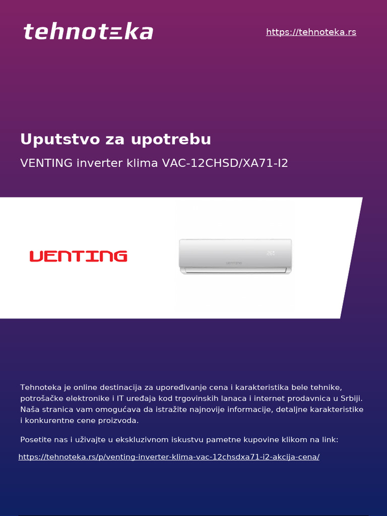 Uputstvo Za Upotrebu Venting Inverter Klima Vac 12chsd Xa71 I2 ...