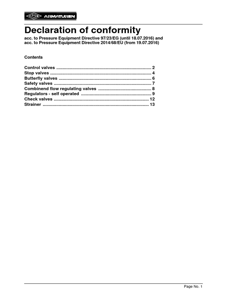 Declaration of Conformity Valves | PDF | Valve | Mechanical Engineering