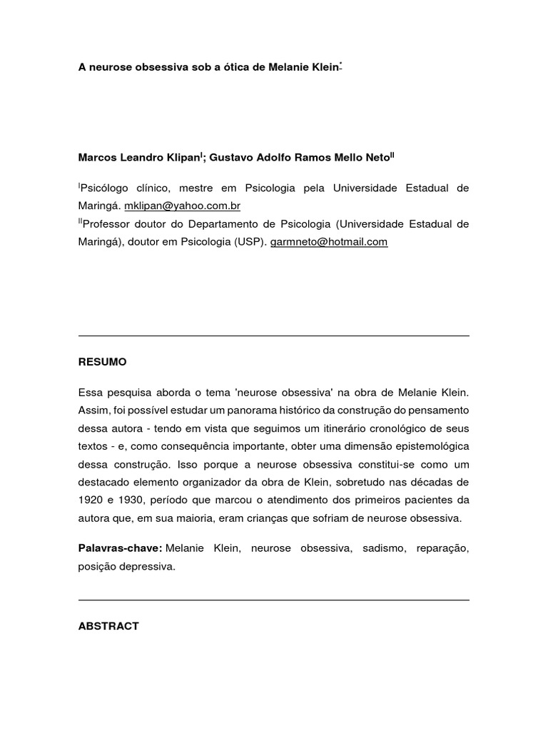 A Neurose Obsessiva Sob A Ótica de Melanie Klein | PDF | Psicanálise | Sigmund Freud