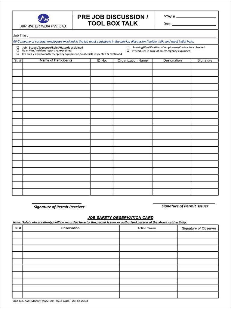 AW IMS S FM 22 - Pre Job Discussion Toolbox Talk | PDF