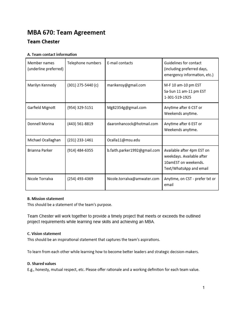 MBA Team Chester Agreement Document | PDF | Communication | Goal